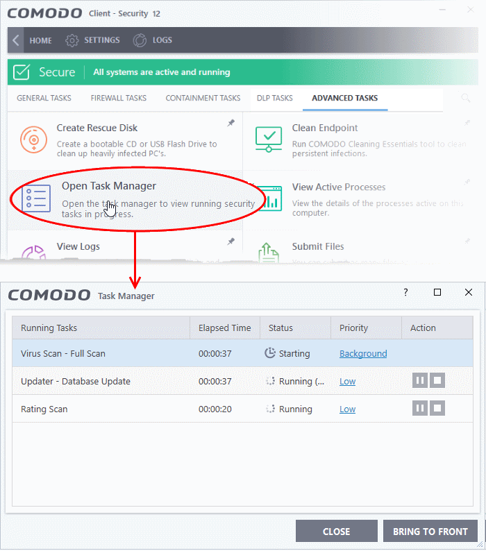 Manage CCS Tasks, Database Management, Task List Software | Comodo Client Security